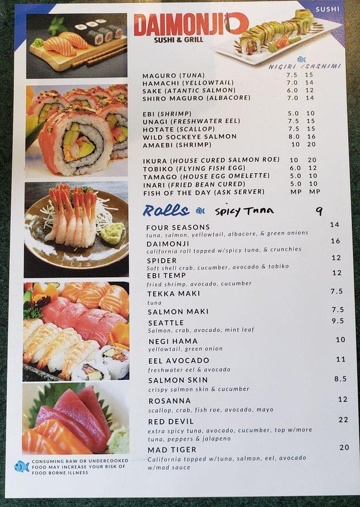Menu at Daimonji Sushi & Grill restaurant, Seattle