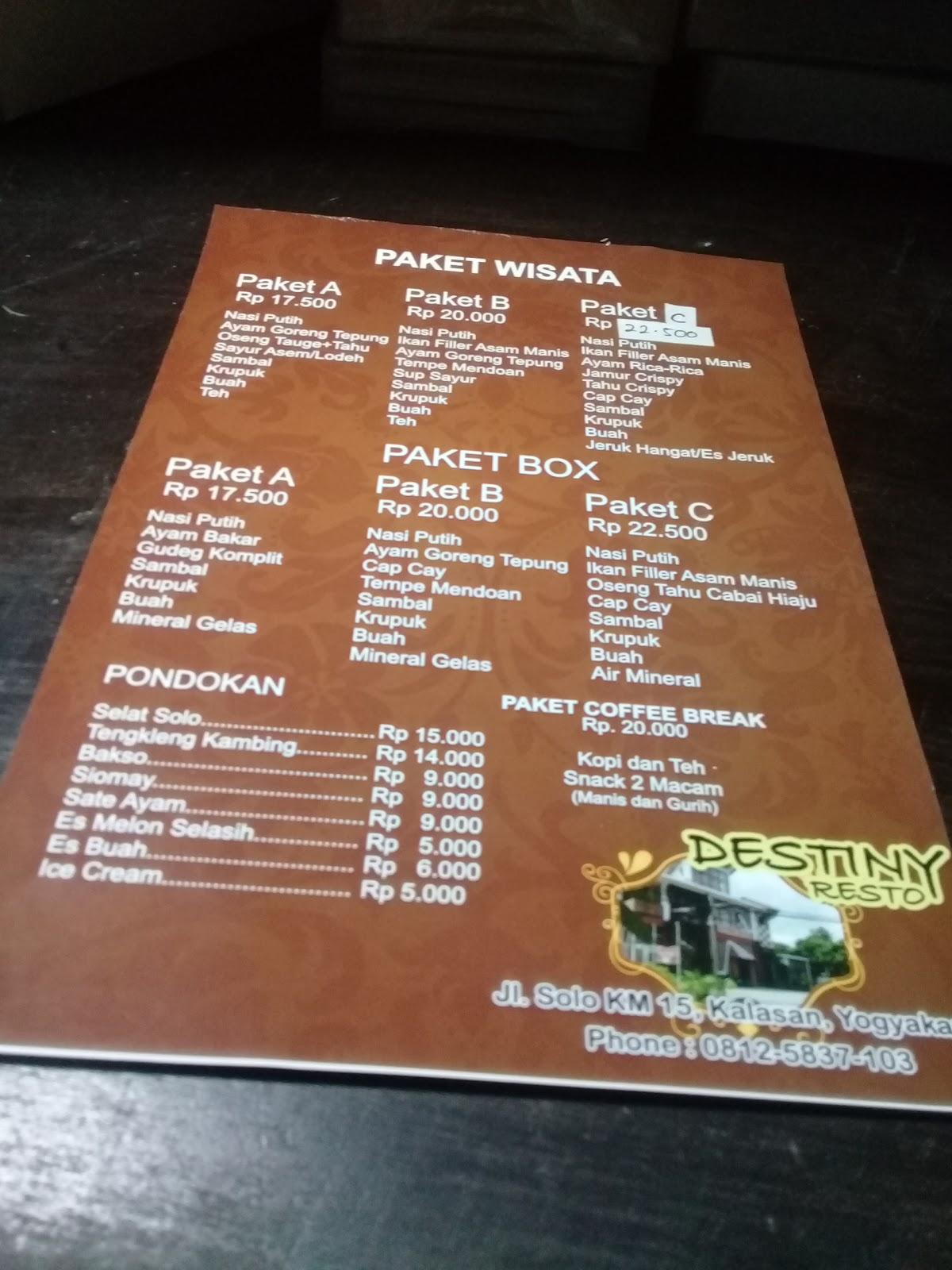 Menu at Destiny Resto restaurant, Tamanmartani