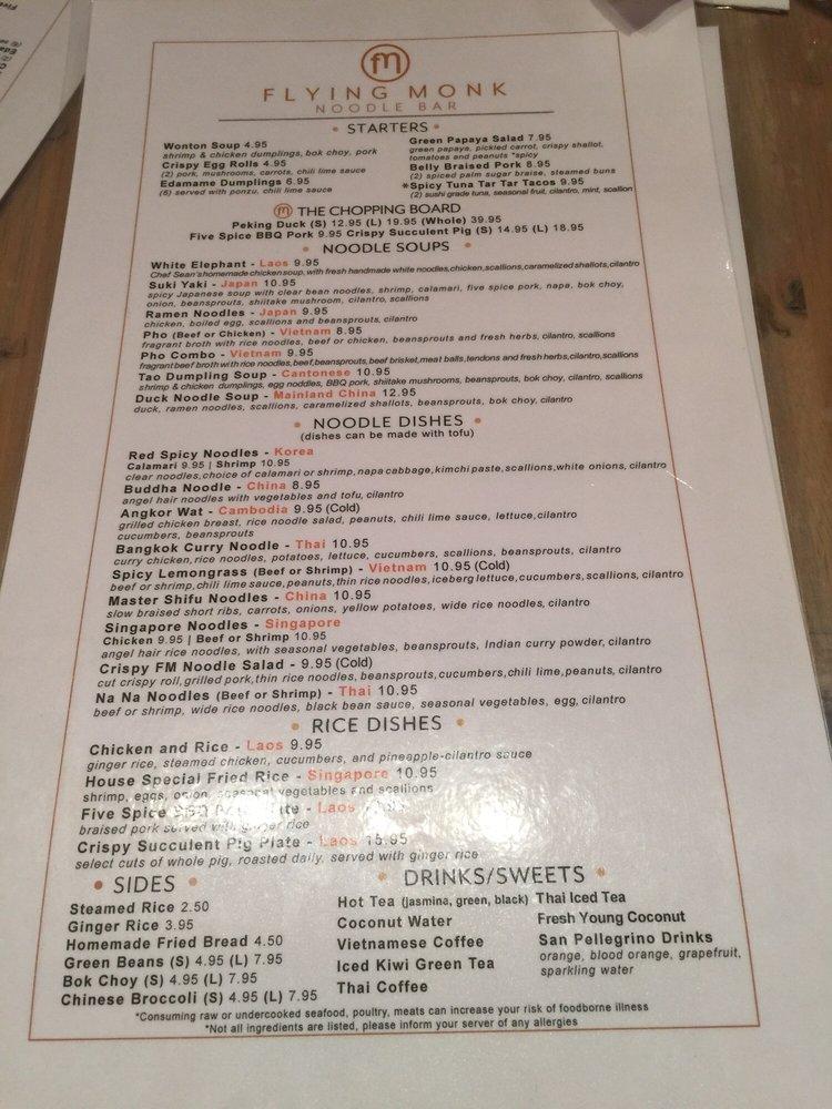 Menu at Flying Monk Noodle Bar, Savannah