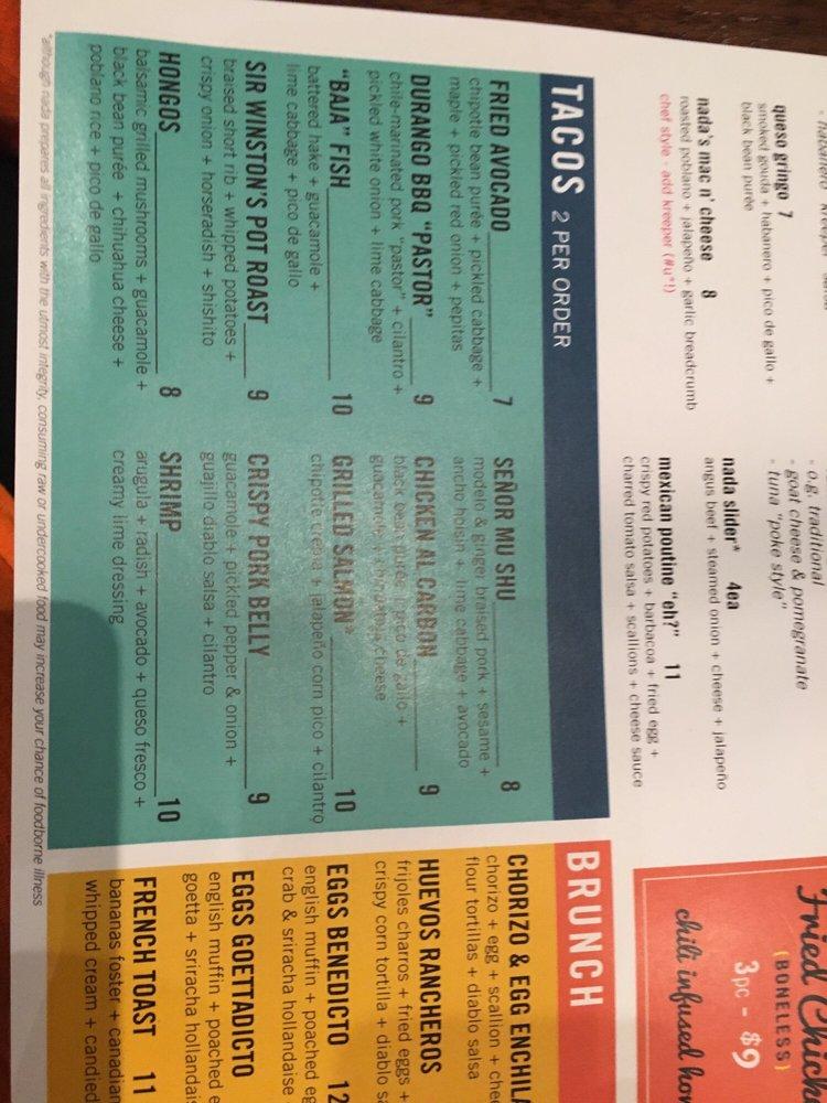 Menu at Nada pub & bar, Indianapolis