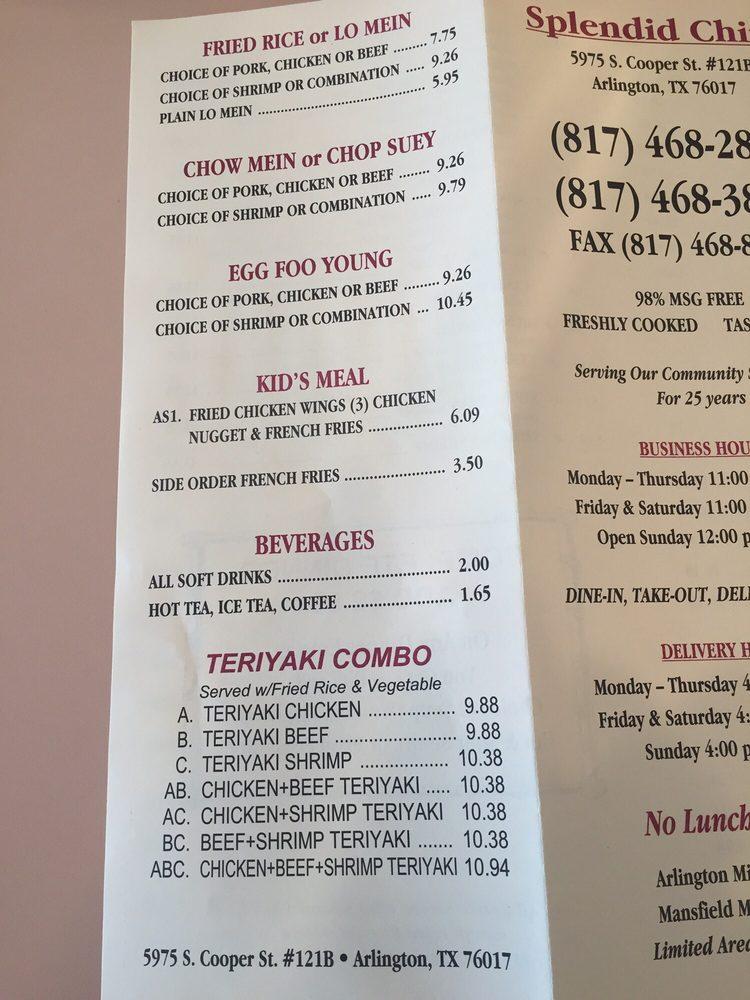 Menu at Splendid China restaurant, Arlington