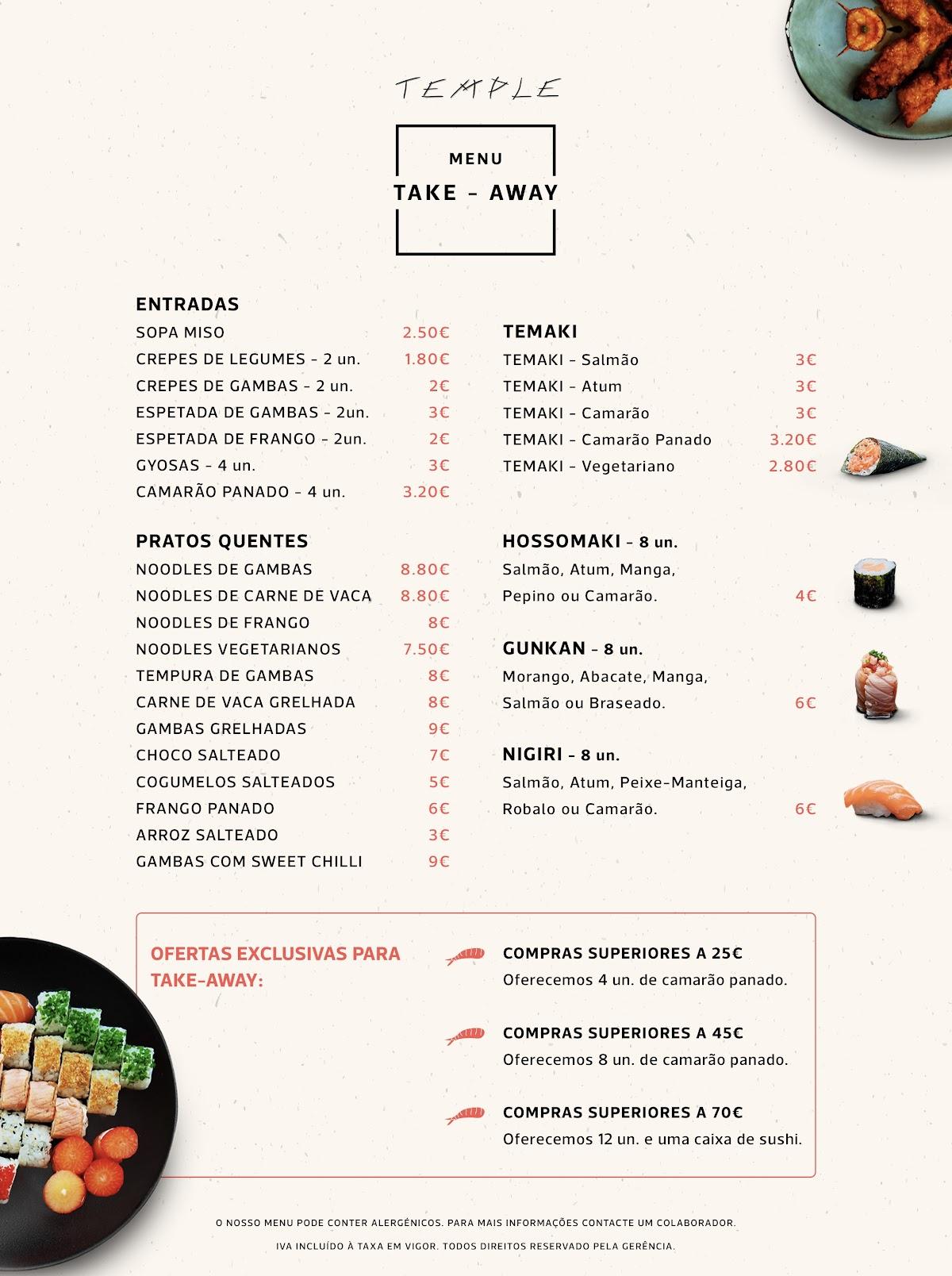 Menu at Temple Guimarães restaurant, Guimaraes