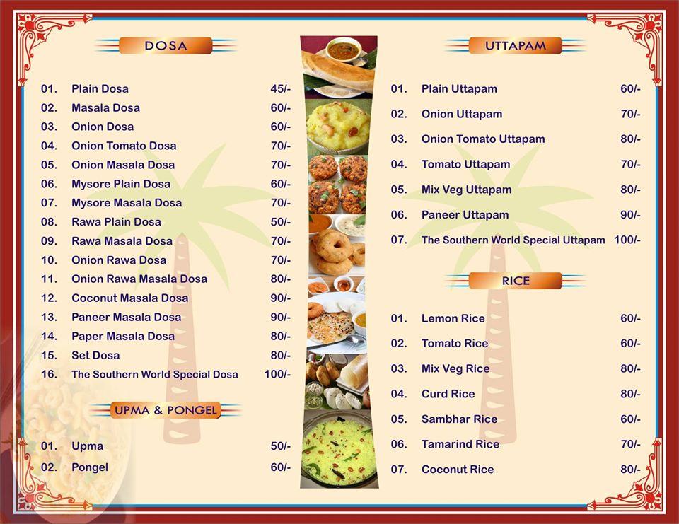 Menu at The Southern World- Real Taste From Andhra, Delhi