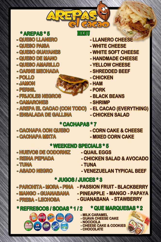 Menu at Arepas El Cacao fast food, Orlando, S Kirkman Rd