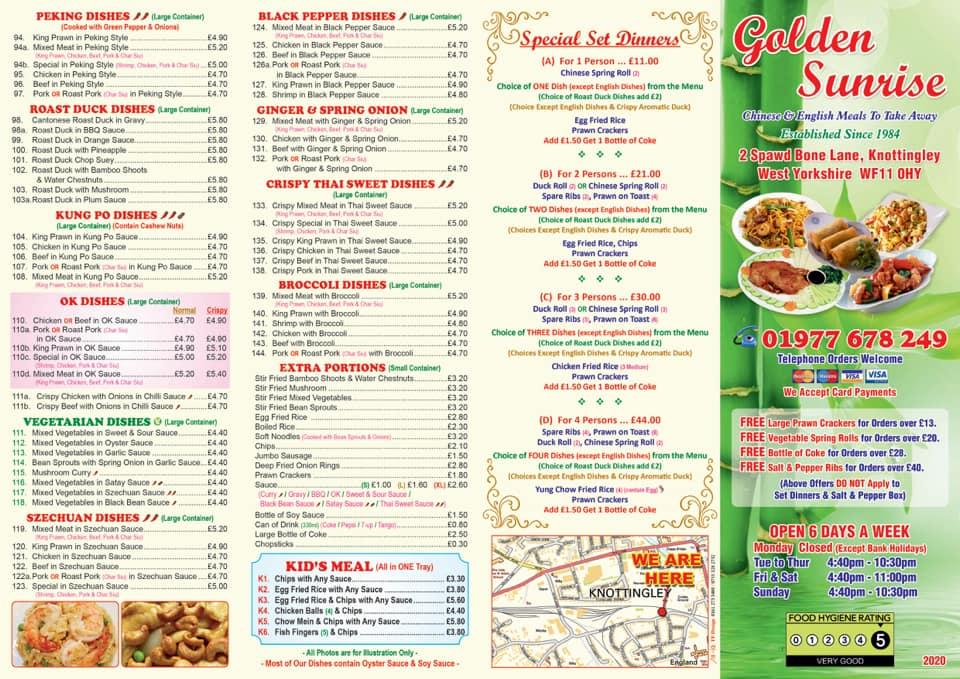 Menu at Golden Sunrise 中国餐 fast food, Knottingley