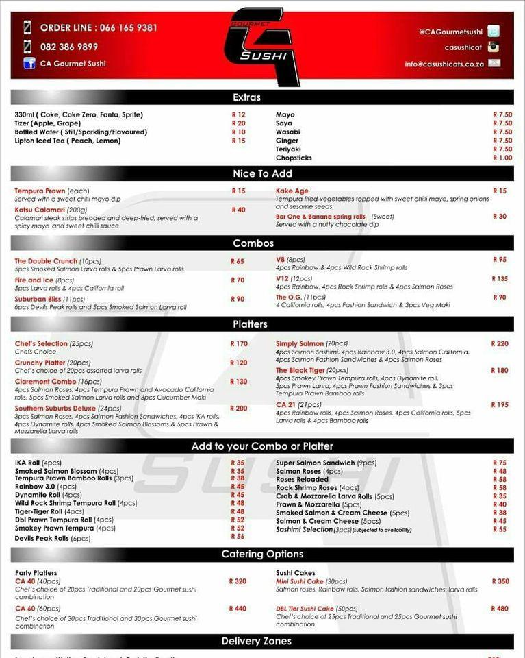 Menu at Gourmet Sushi restaurant, Cape Town
