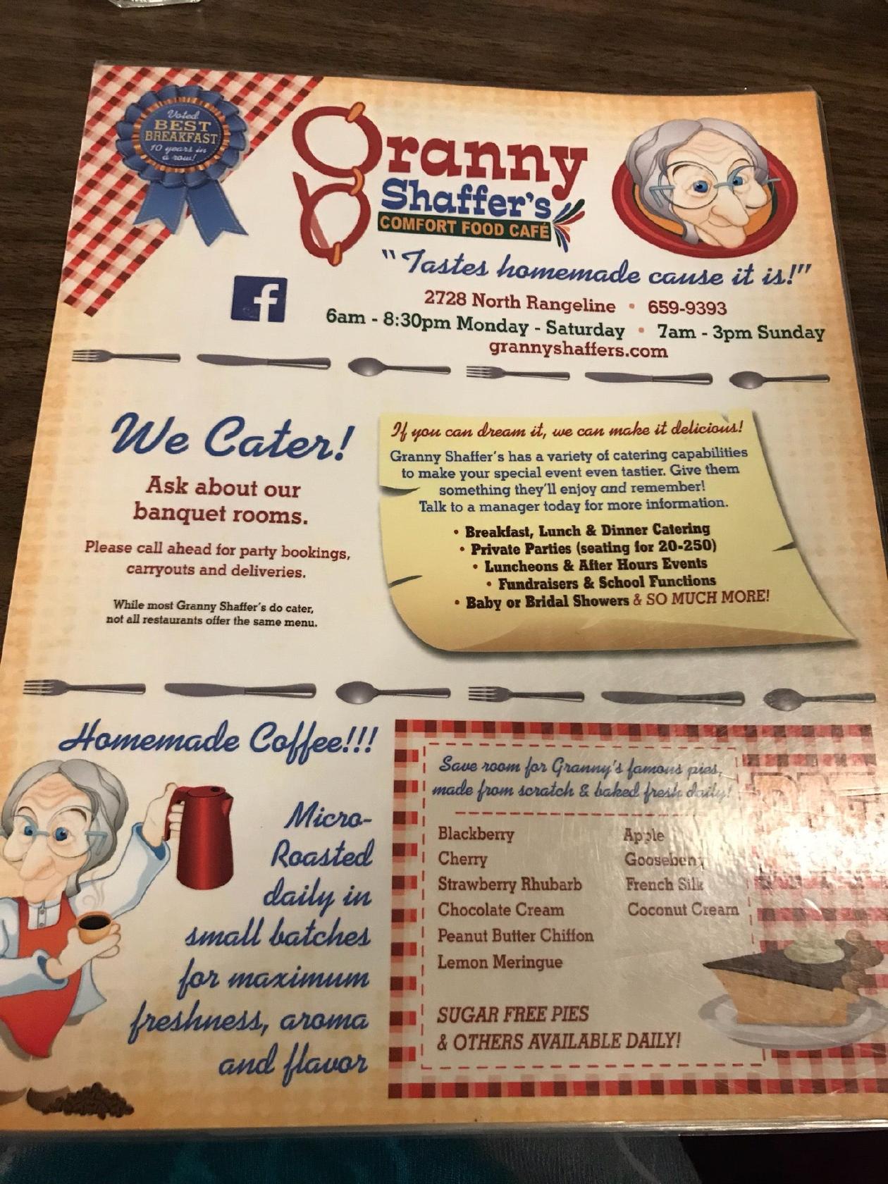 Menu at Granny Shaffer's Restaurant, Joplin, N Rangeline Rd