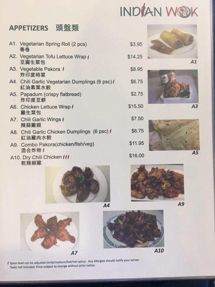 Menu at Indian Wok restaurant, Burnaby