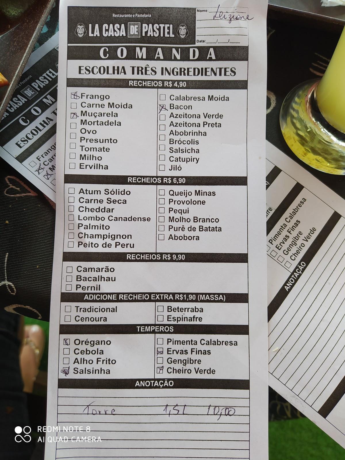 Menu at La Casa de Pastel restaurant, Brasília