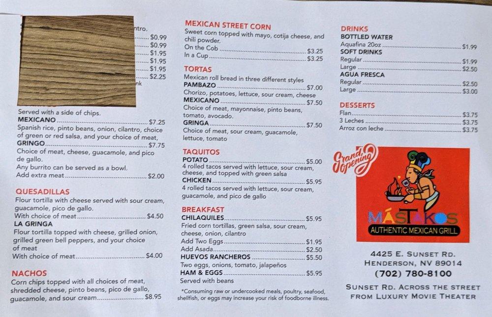 Menu at Mas Takos restaurant, Henderson