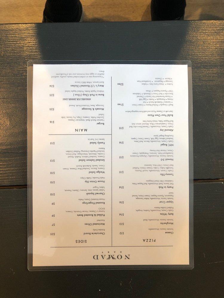 Menu at Nomad East pizzeria, Salt Lake City
