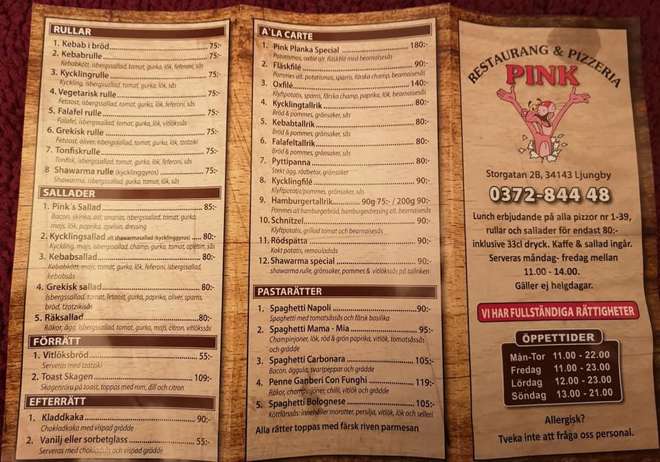 Menu at Pizzeria Pink, Ljungby, Storgatan 2B