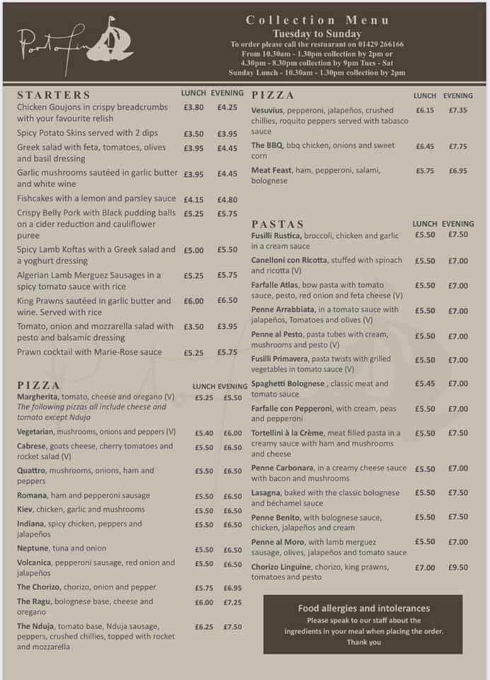 Menu at Portofino restaurant, Hartlepool