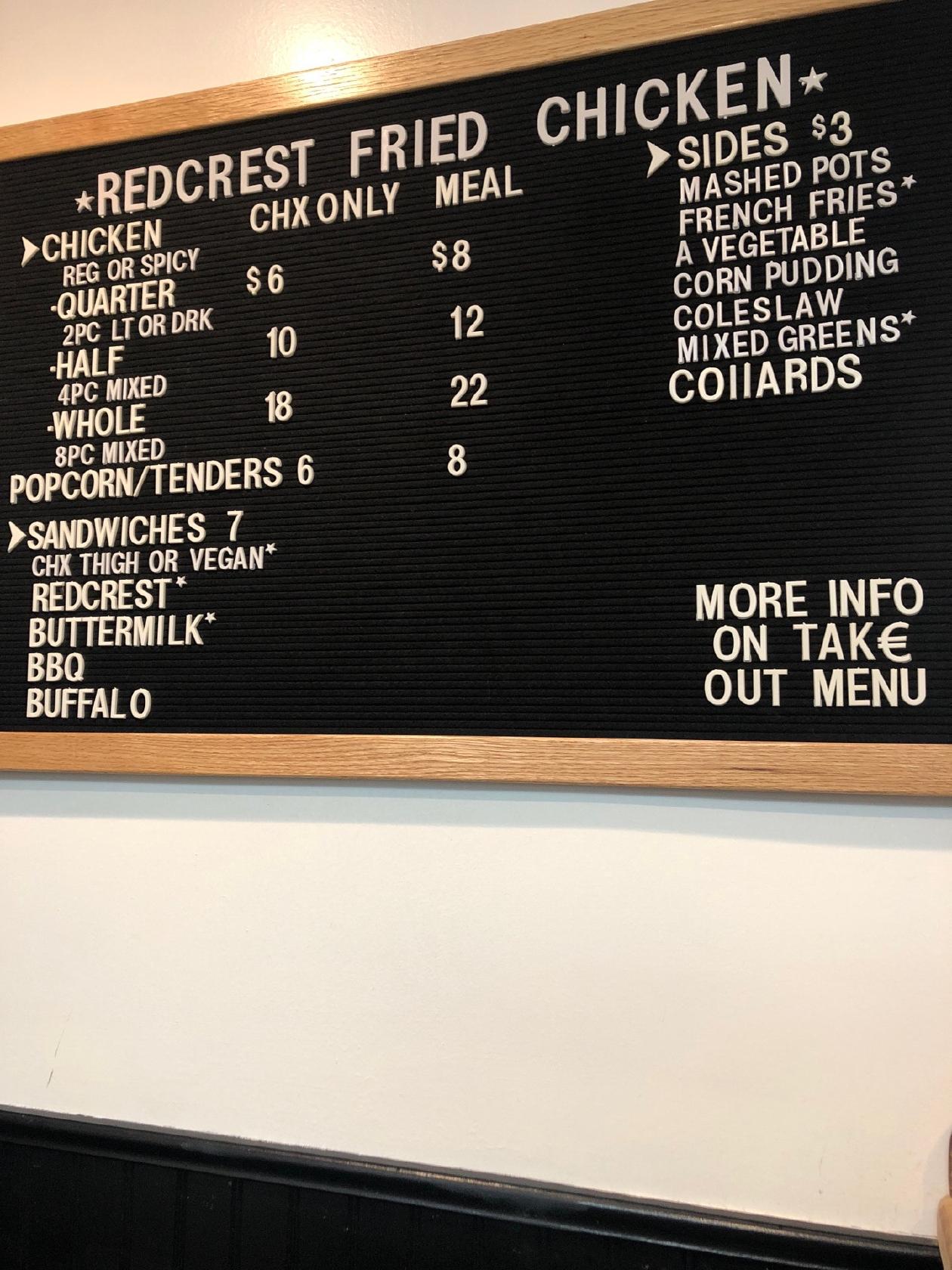 Menu at Redcrest Fried Chicken restaurant, Philadelphia