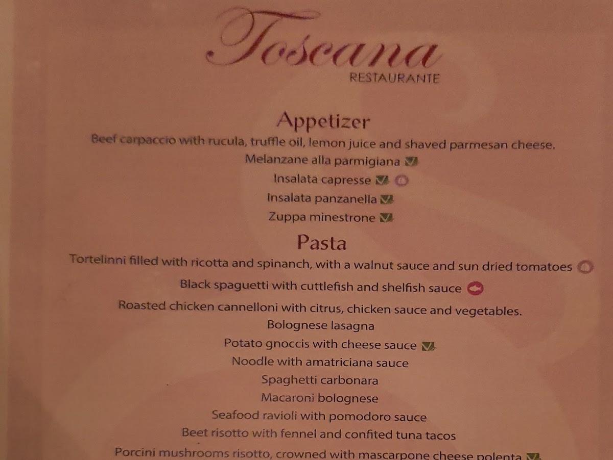 Menu at Toscana restaurant, Dominicus