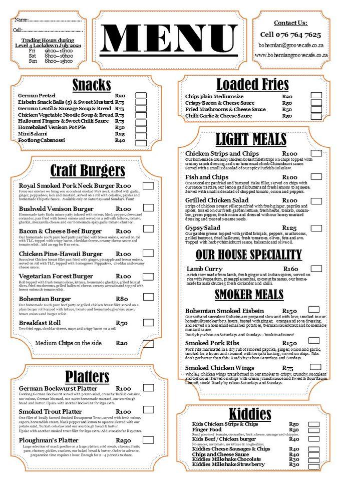 Menu at Bohemian Groove Cafe, Kaapschehoop