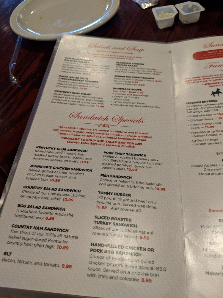 Menu at Claudia Sanders Dinner House restaurant, Shelbyville