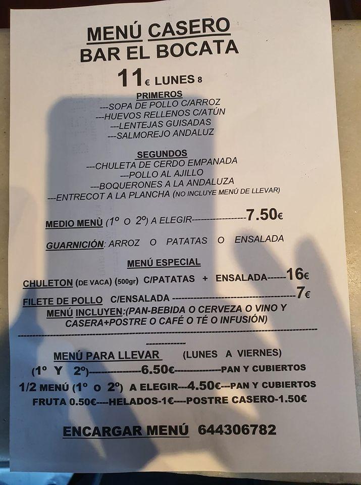 Menu at El Bocata pub & bar, Madrid