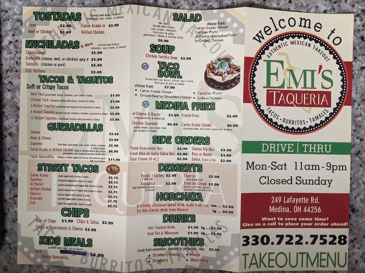 Menu at Emi's Taqueria restaurant, Medina