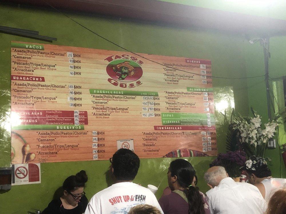 Menu at Guss Tacos restaurant, Cabo San Lucas, Blvd Lazaro Cardenas ...