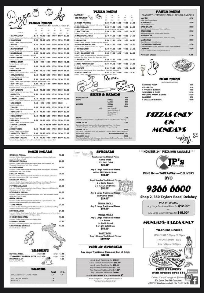 Menu at JP's Pizzeria, Delahey