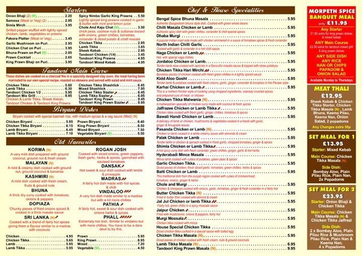 Menu at Morpeth Spice restaurant, Morpeth