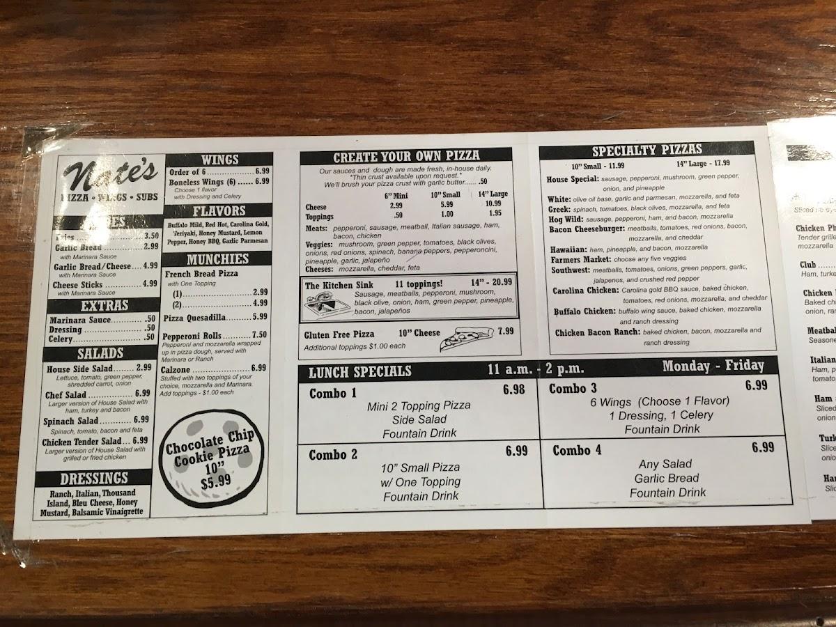 Menu at Nate's pizzeria, Tigerville
