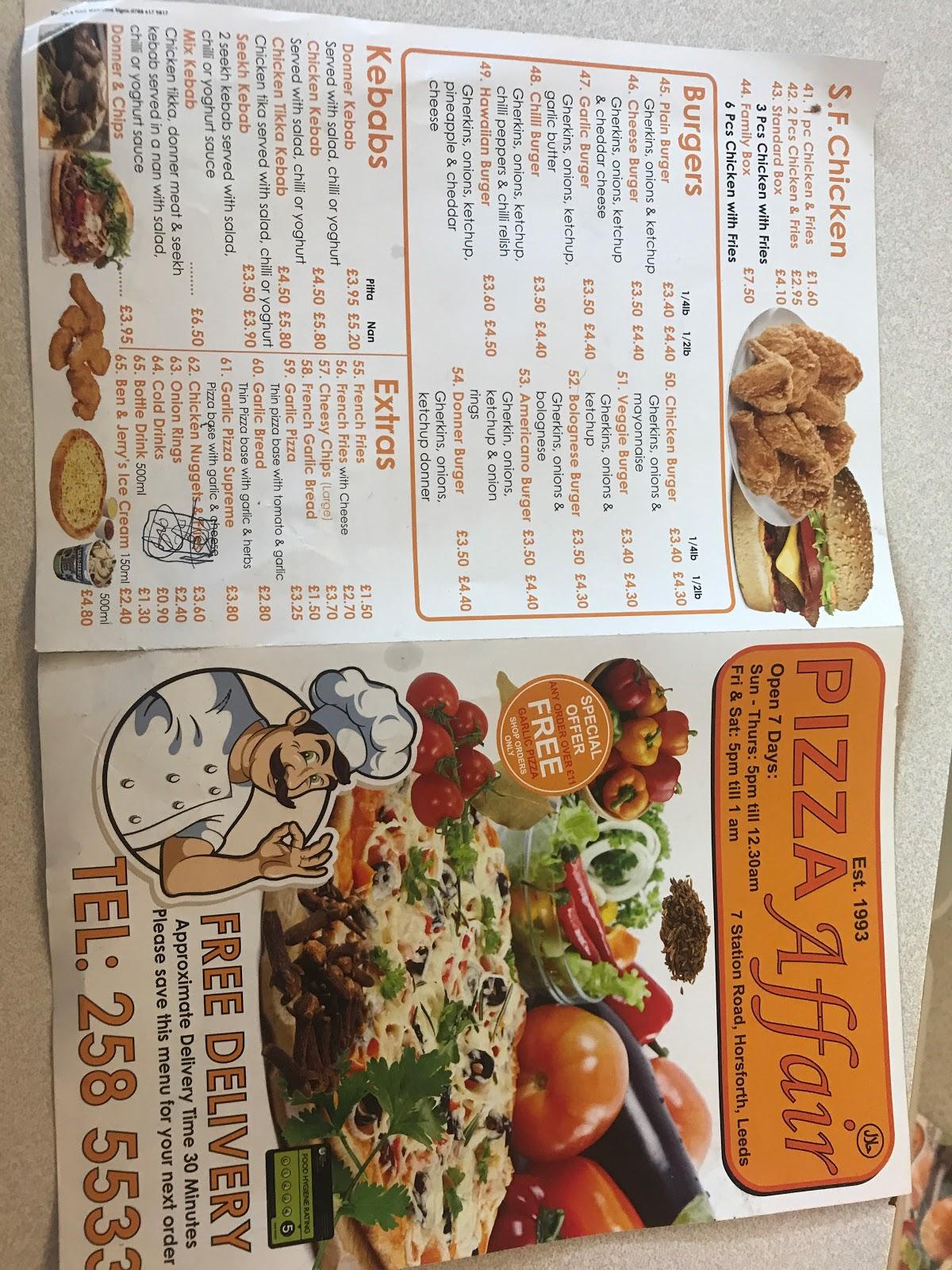 Menu at Pizza Affair pizzeria, Leeds, 7 Station Rd