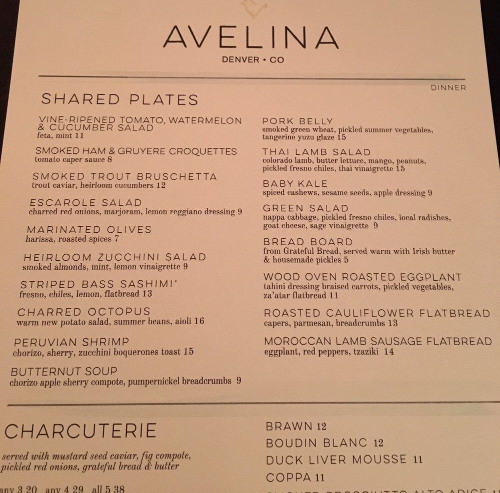 Menu at Avelina pub & bar, Denver