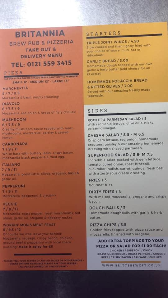 Menu at Britannia Inn pub & bar, Rowley Regis