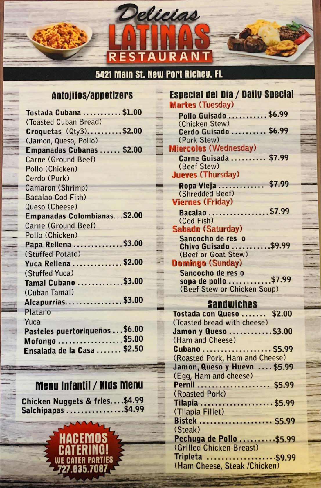 Menu at Delicias Latinas Restaurant, New Port Richey