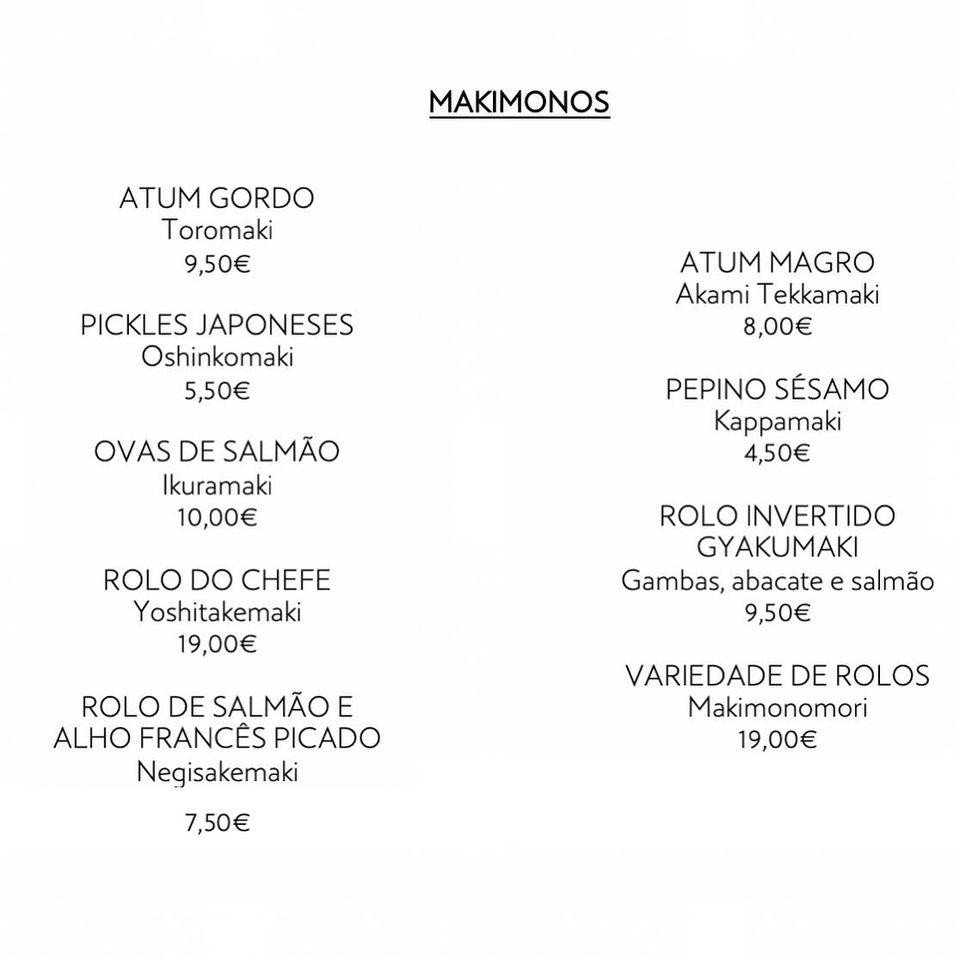Menu at Go Juu restaurant, Lisbon