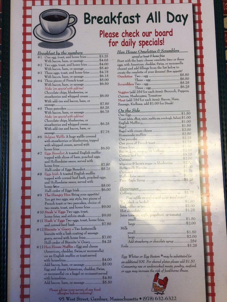 Menu at The Hen House restaurant, Gardner