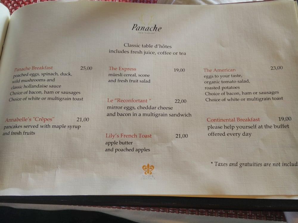 Menu au Panache pub et bar, Québec