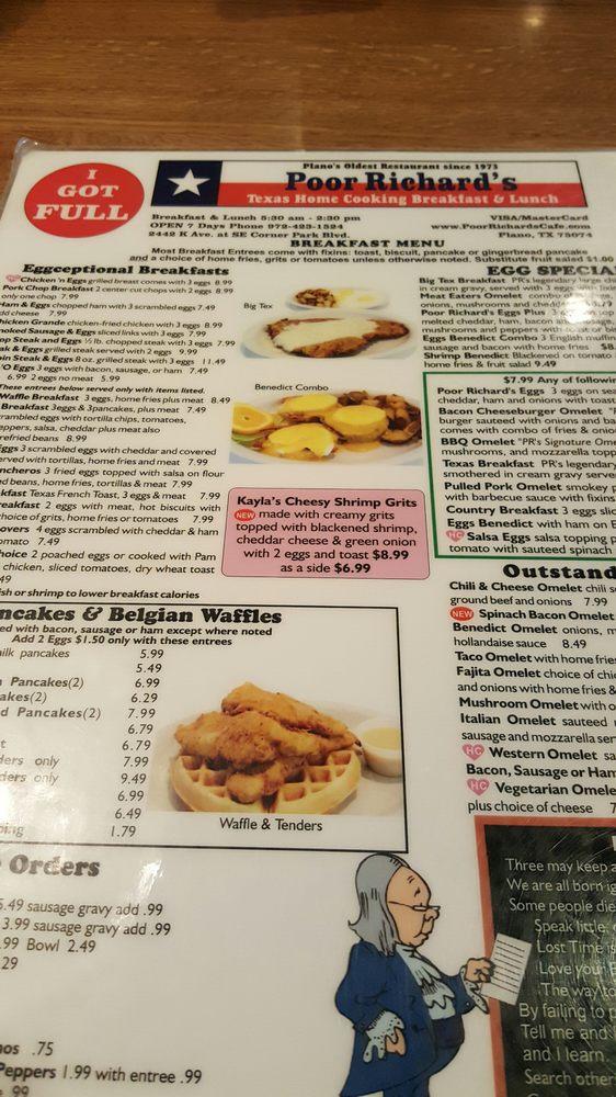 Menu at Poor Richard's Cafe, Plano