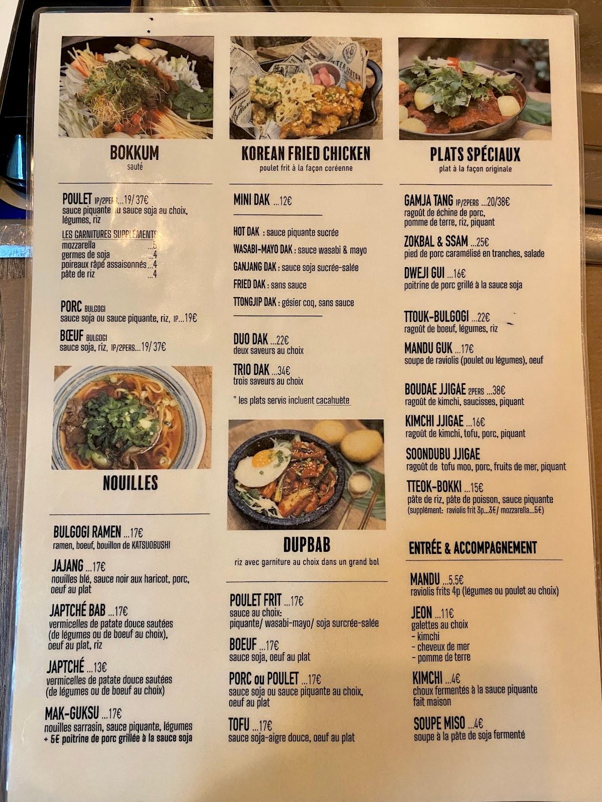 Menu au Restaurant coréen BOKKO, Paris