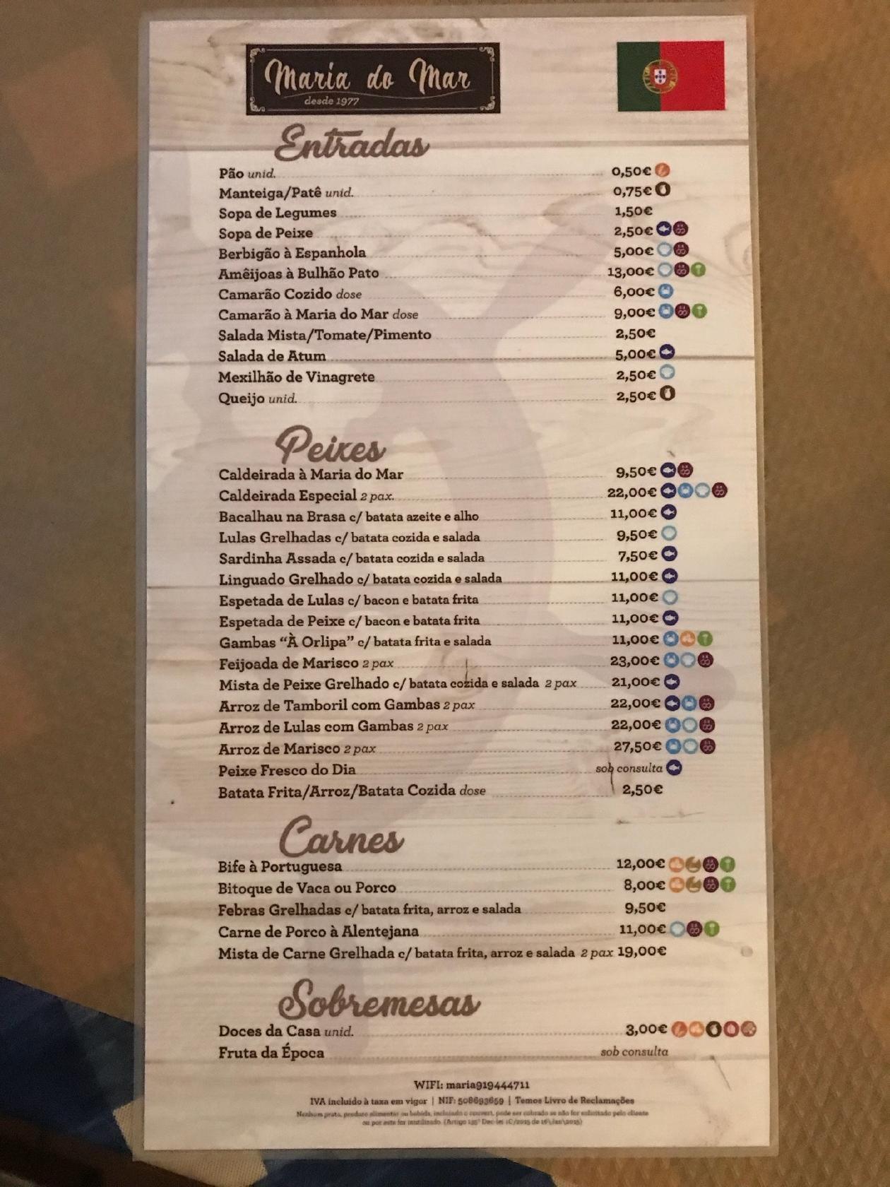 Menu at Maria do Mar pub & bar, Nazaré