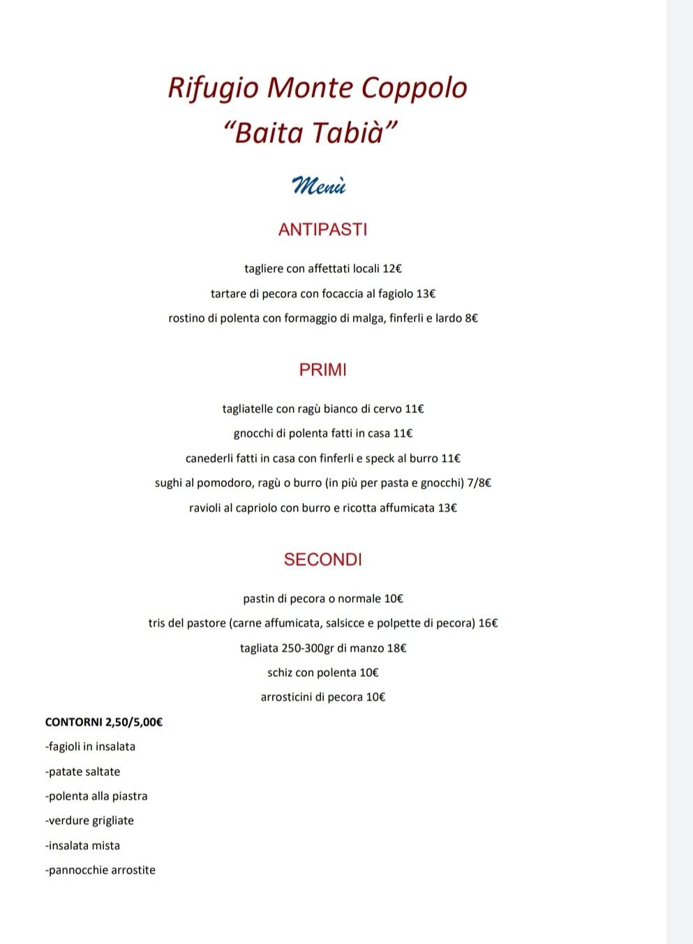 Menu da Rifugio Monte Coppolo "Baita Tabià" ristorante, Lamon