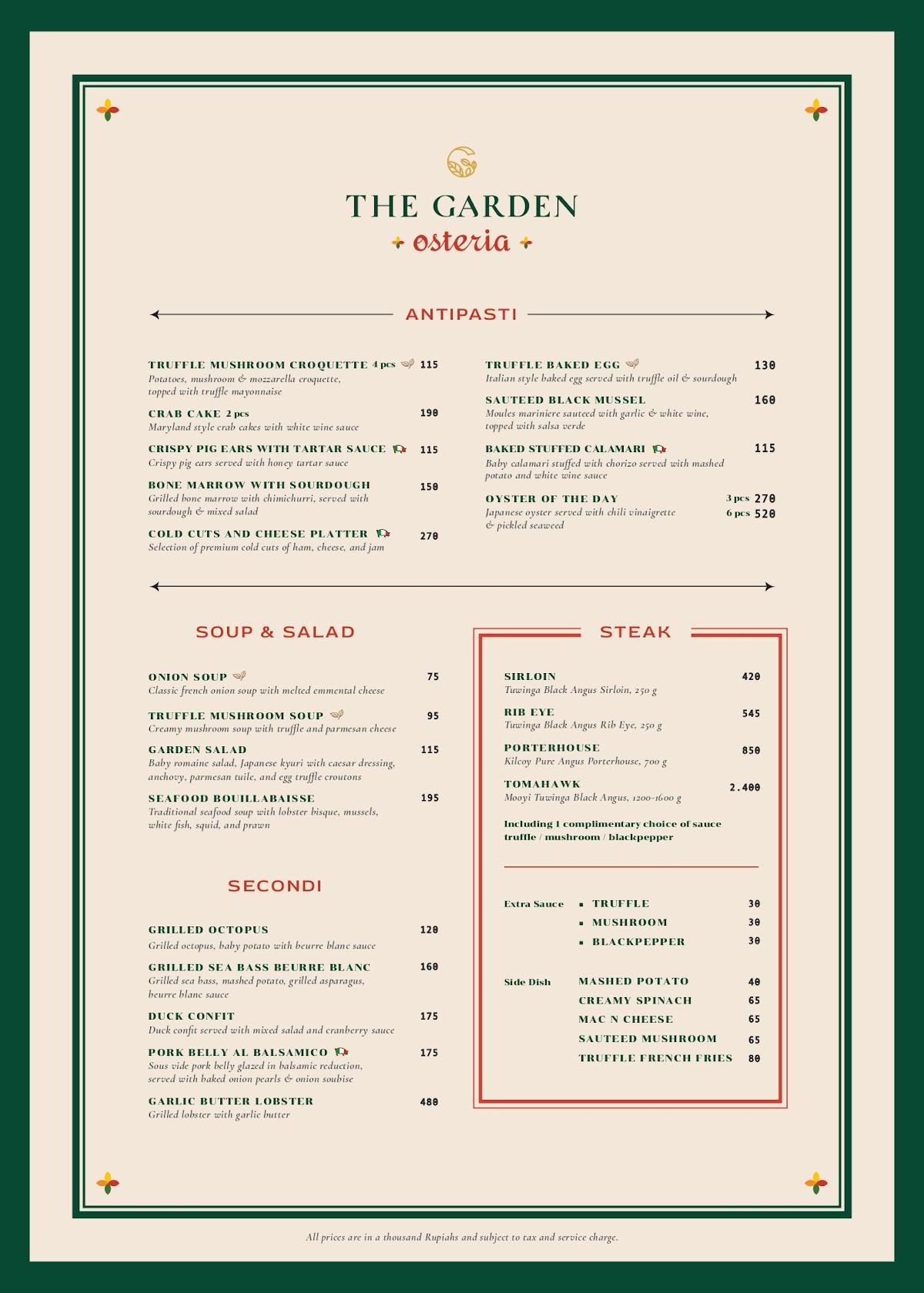 Menu at THE GARDEN OSTERIA restaurant, South Jakarta
