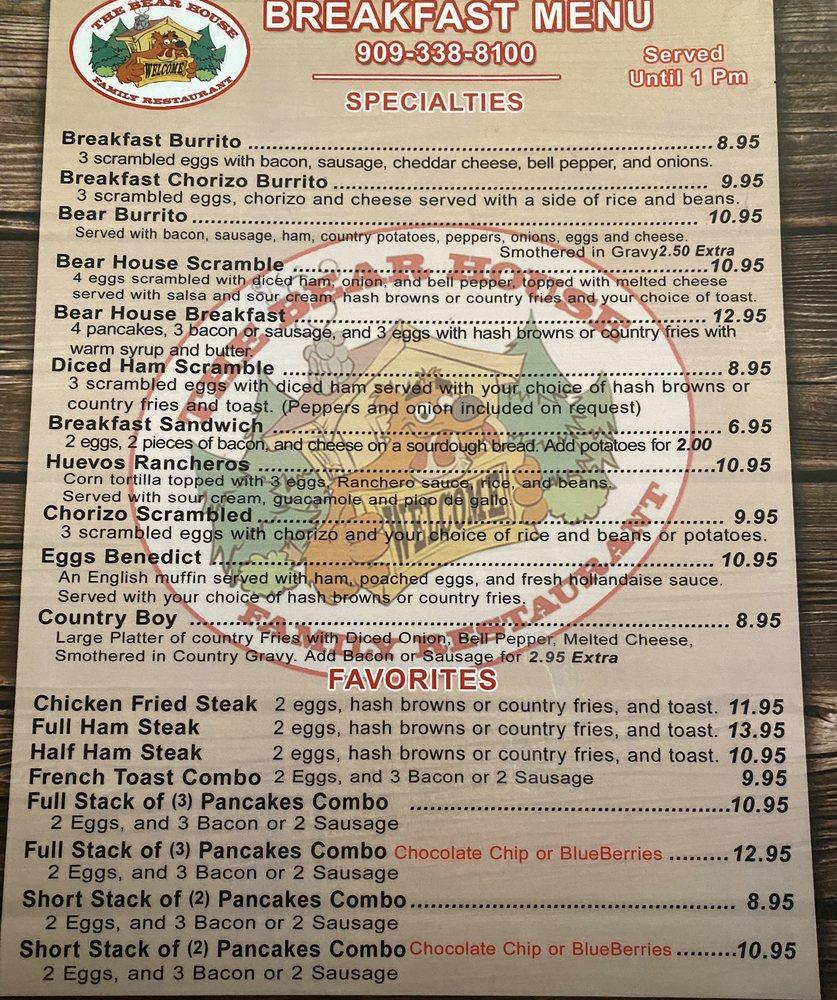Menu at The Bear House Family Restaurant, Crestline