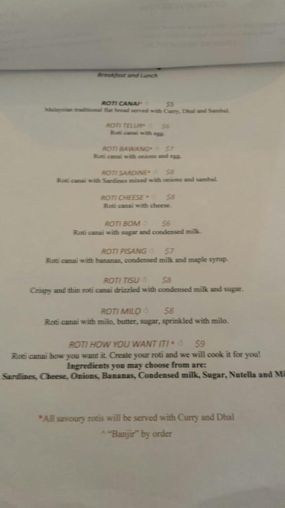 Menu at Sarapan restaurant, Victoria Park