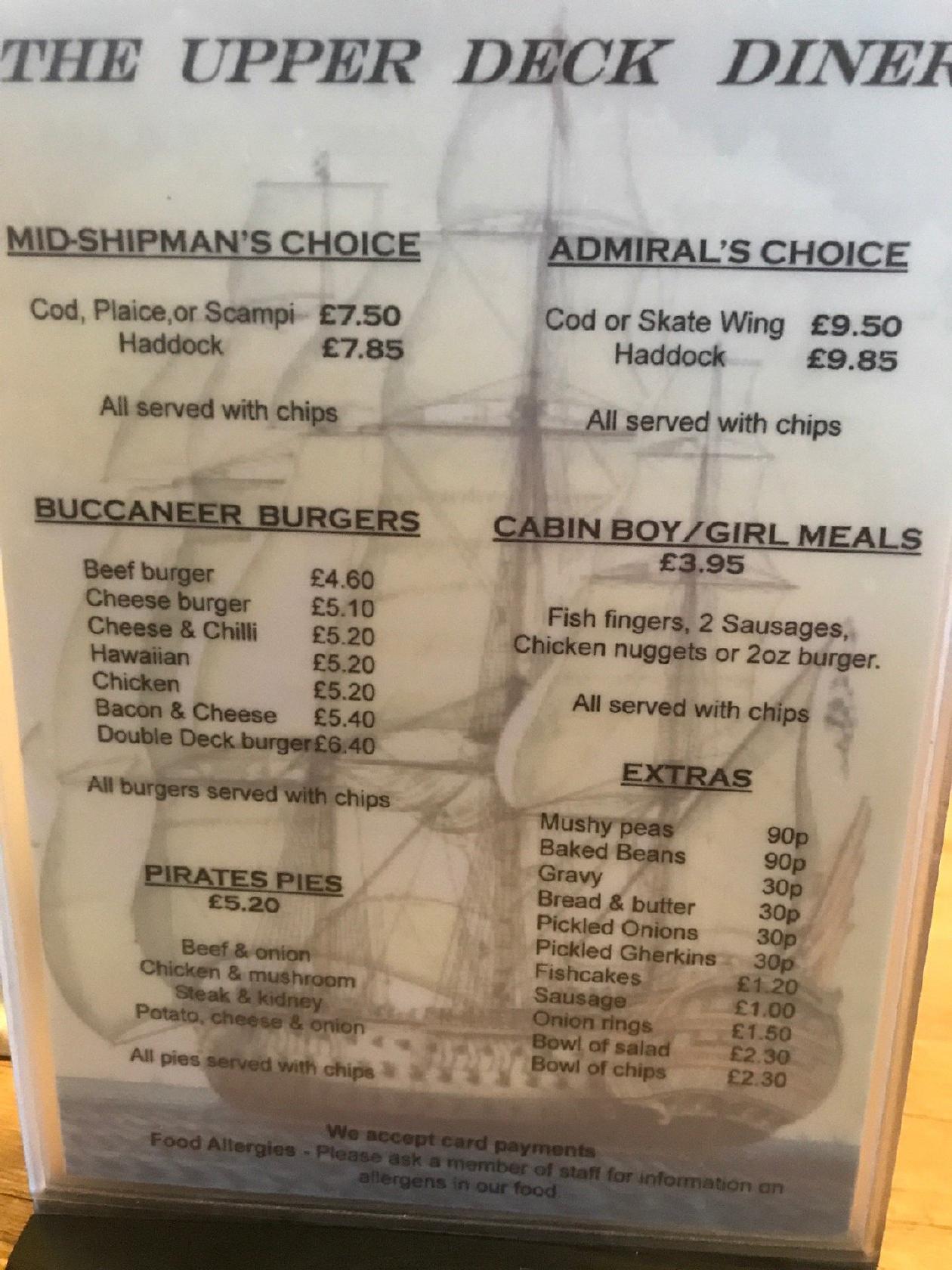 Menu at The Upper Deck Diner restaurant, Aldeburgh