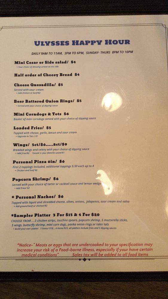 Menu at Ulysses' Pub & Pizzeria, Tukwila