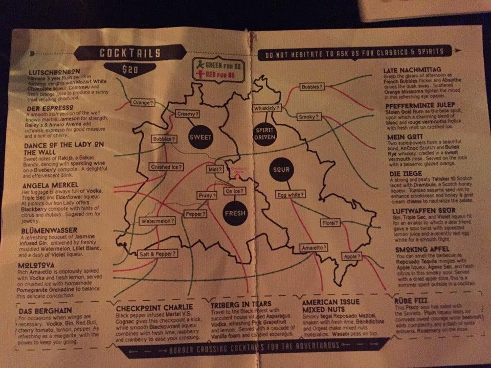Menu at Berlin Bar, Melbourne