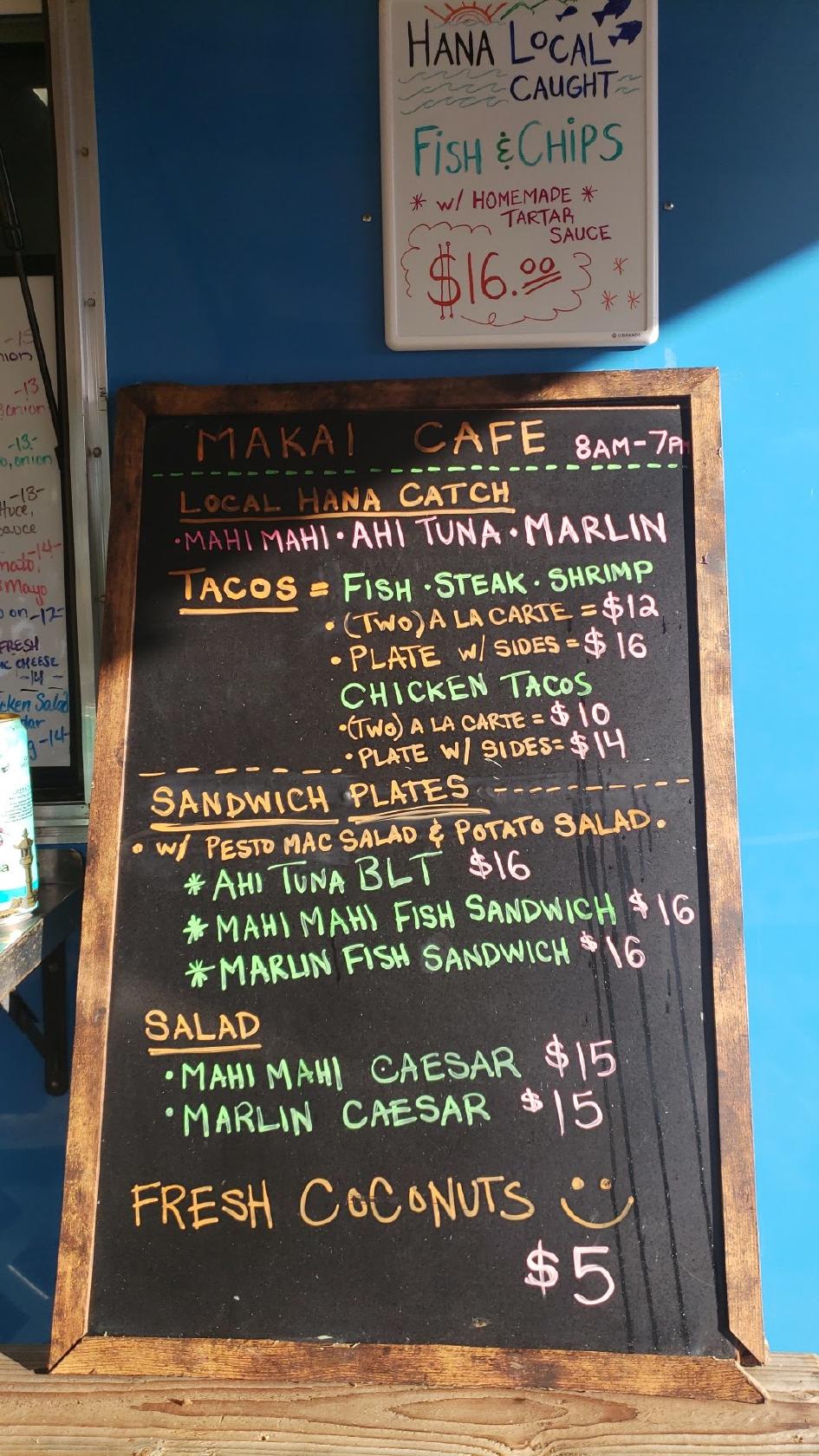 Menu at Makai Cafe, Hana, 5123 Hana Hwy