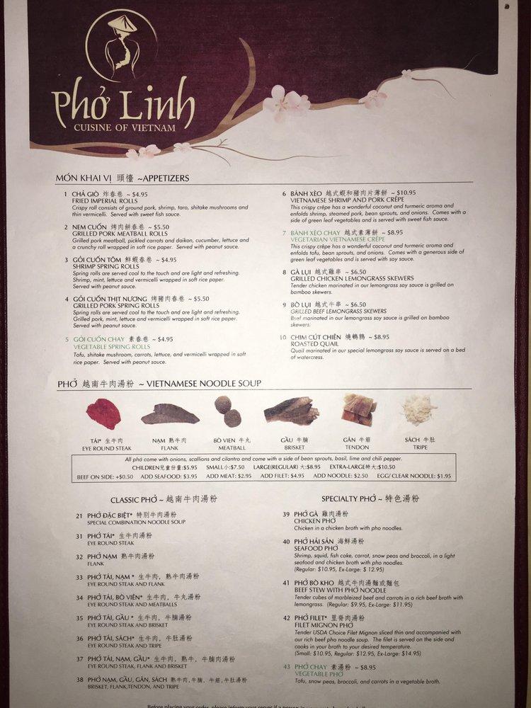 Menu at Pho Linh restaurant, Quincy