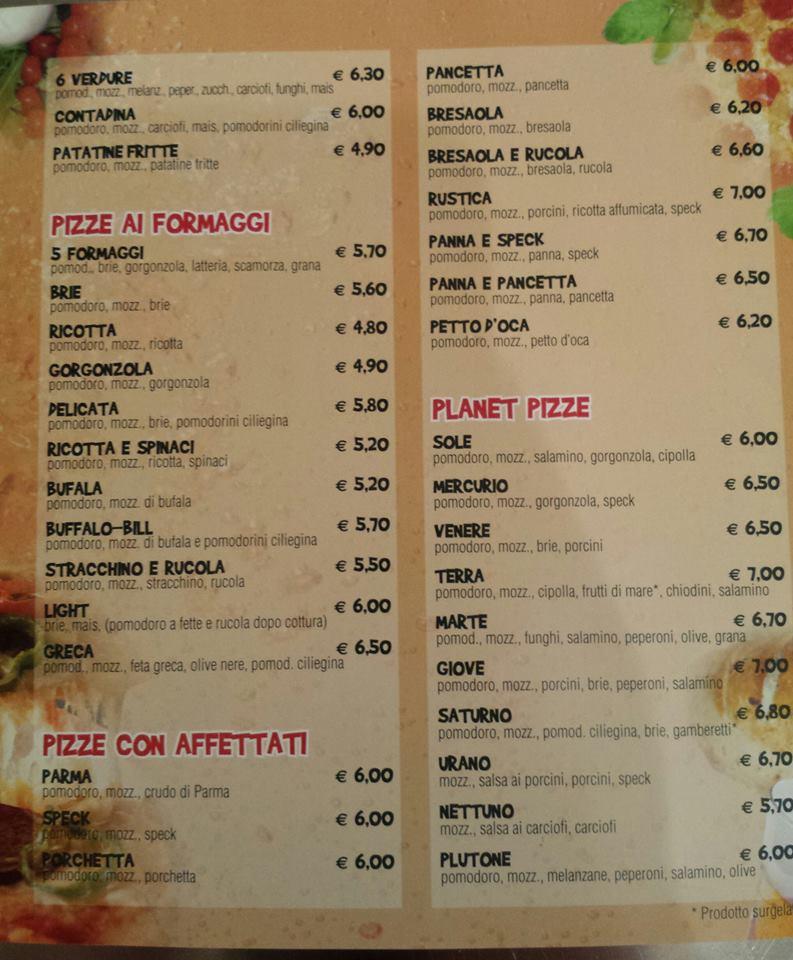 Menu da Pizzeria Planet Pizza, Follina