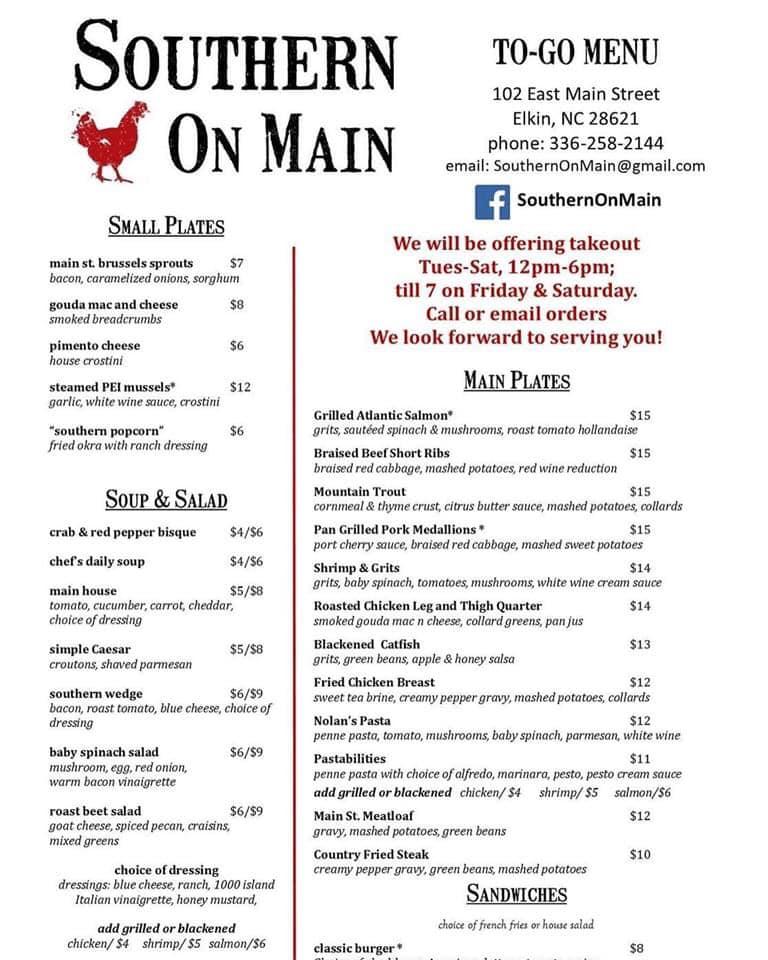Menu at Southern On Main restaurant, Elkin