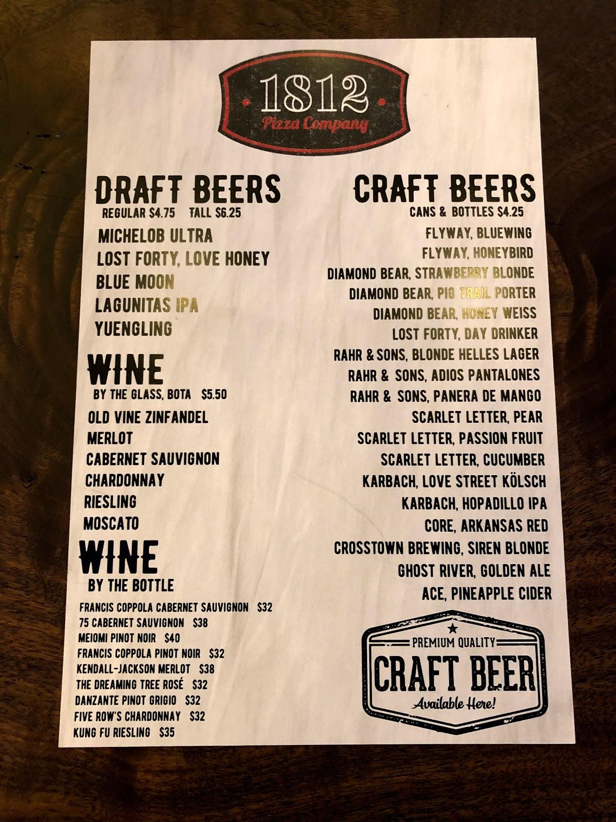 Menu at 1812 Pizza Company, Hilltop restaurant, Jonesboro, N Old ...