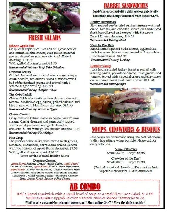 Menu at Apple Barrel Store + Cafe, Schoharie, 115 NY-30A